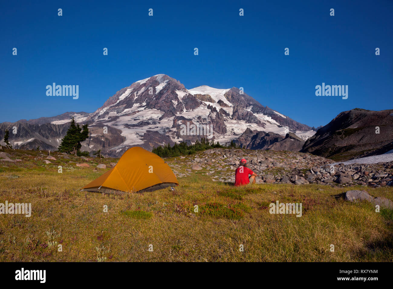 WA15897-00...WASHINGTON - Backcountry hiker camping on Colonnade Ridge ...