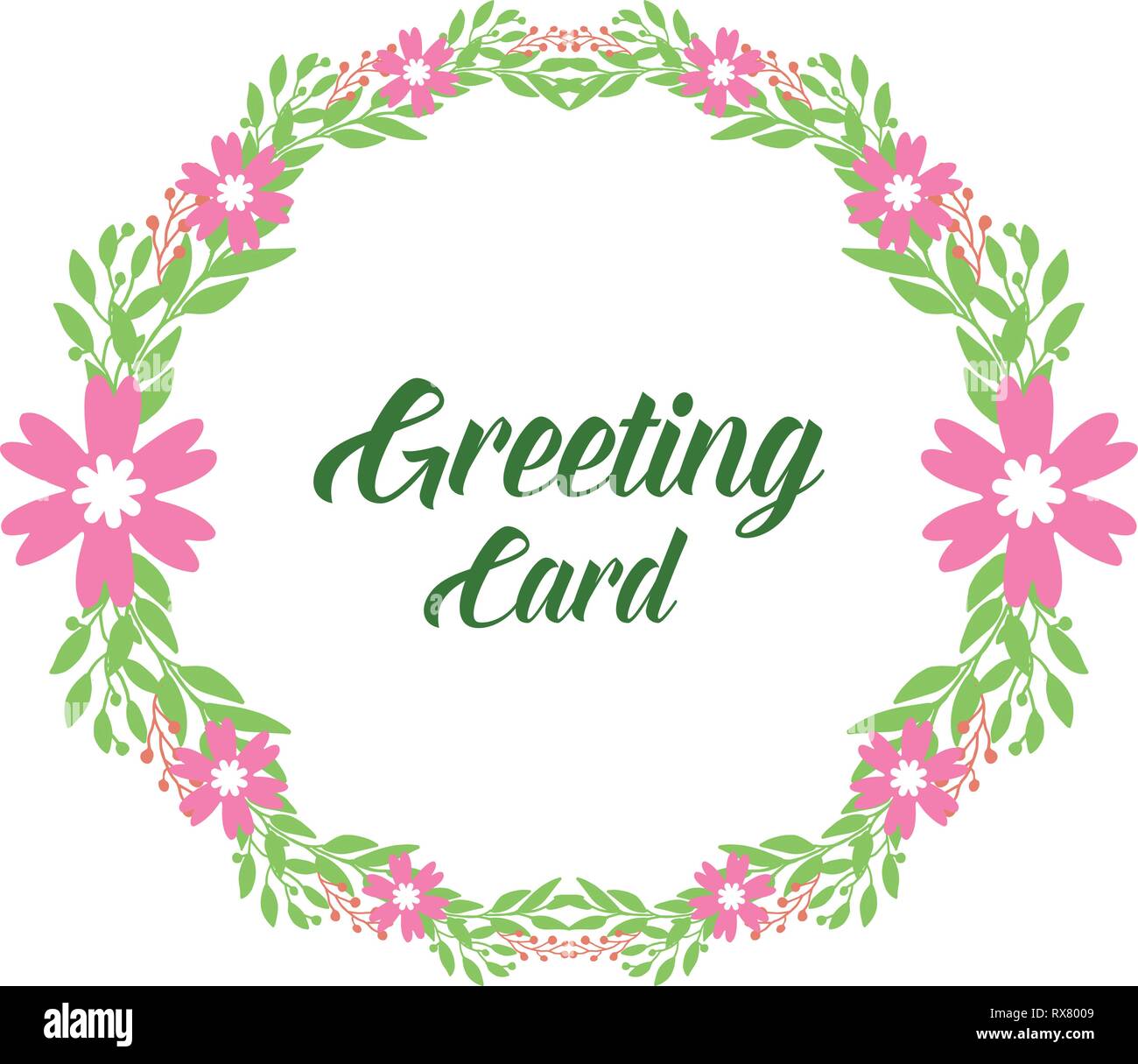 Vector illustration pink flower frame with green leaves for write greeting card hand drawn Stock ...