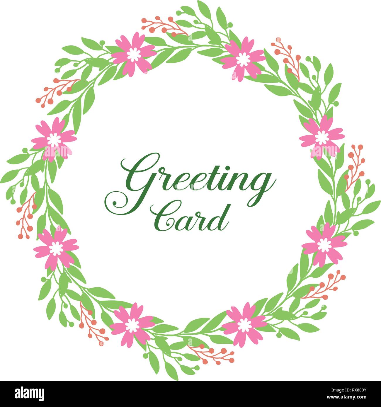 Vector illustration pink flower frame with green leaves for write greeting card hand drawn Stock ...
