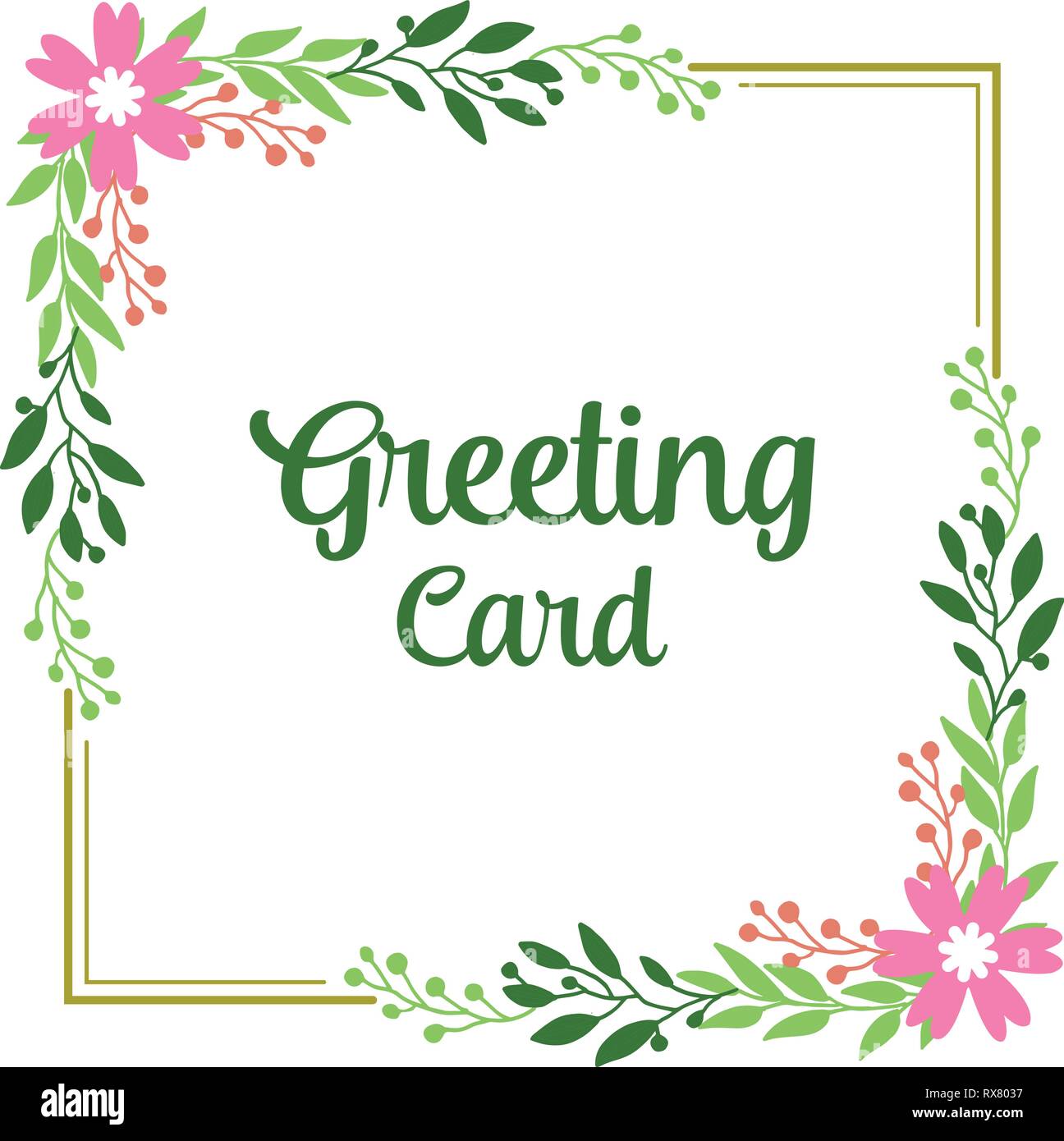 Vector illustration pink flower frame with green leaves for write greeting card hand drawn Stock ...
