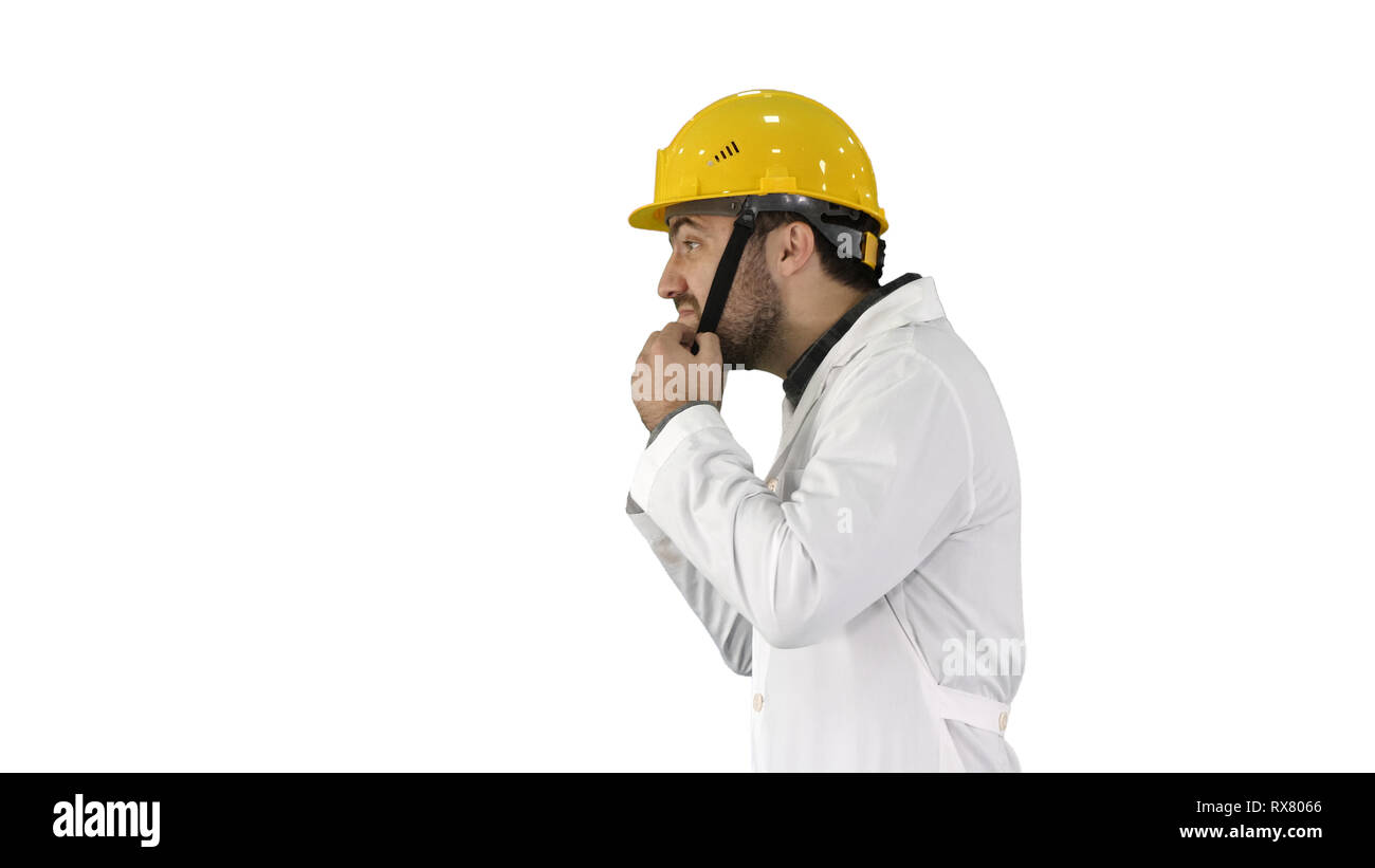 Medium shot side view. Engineer or Worker Yellow Safety Helmet Hat ...