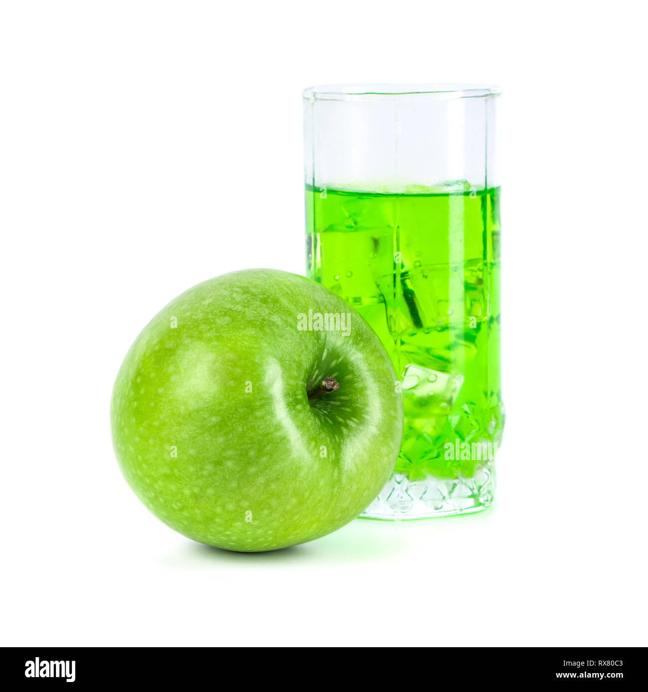 Green apple and cocktail with ice isolated on white background, healty ...