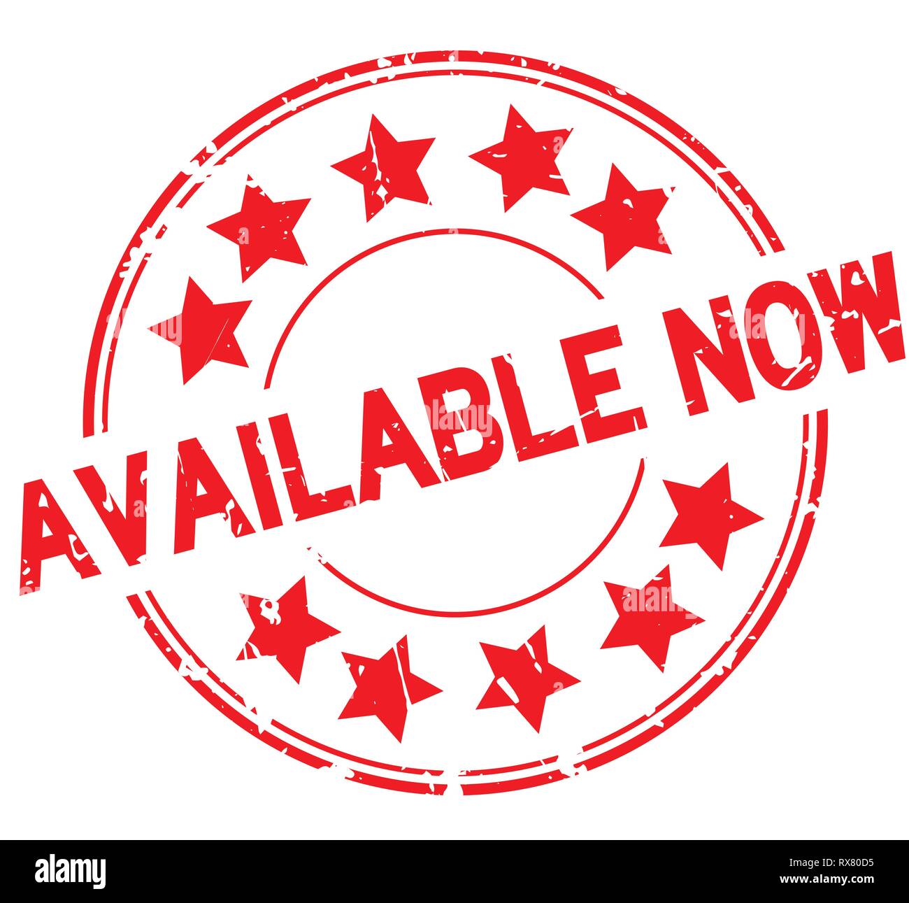 Grunge red available now word with star icon round rubber stamp on ...