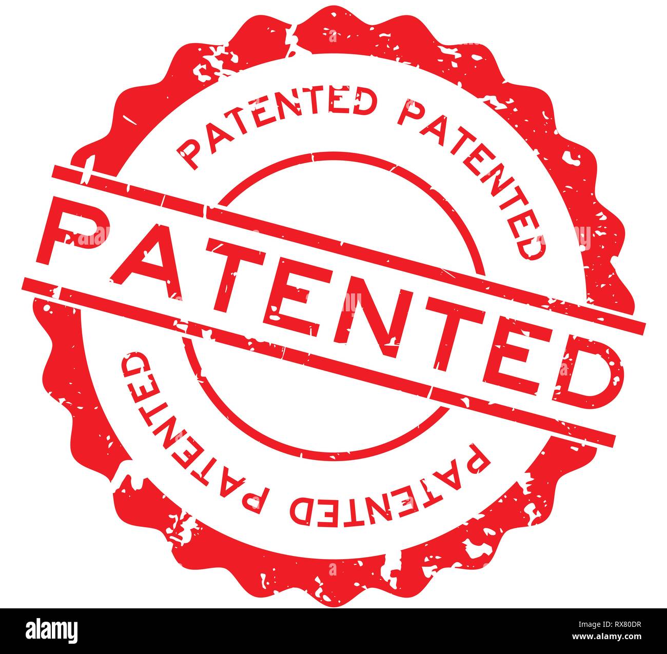 Grunge red patented word round rubber seal stamp on white background ...