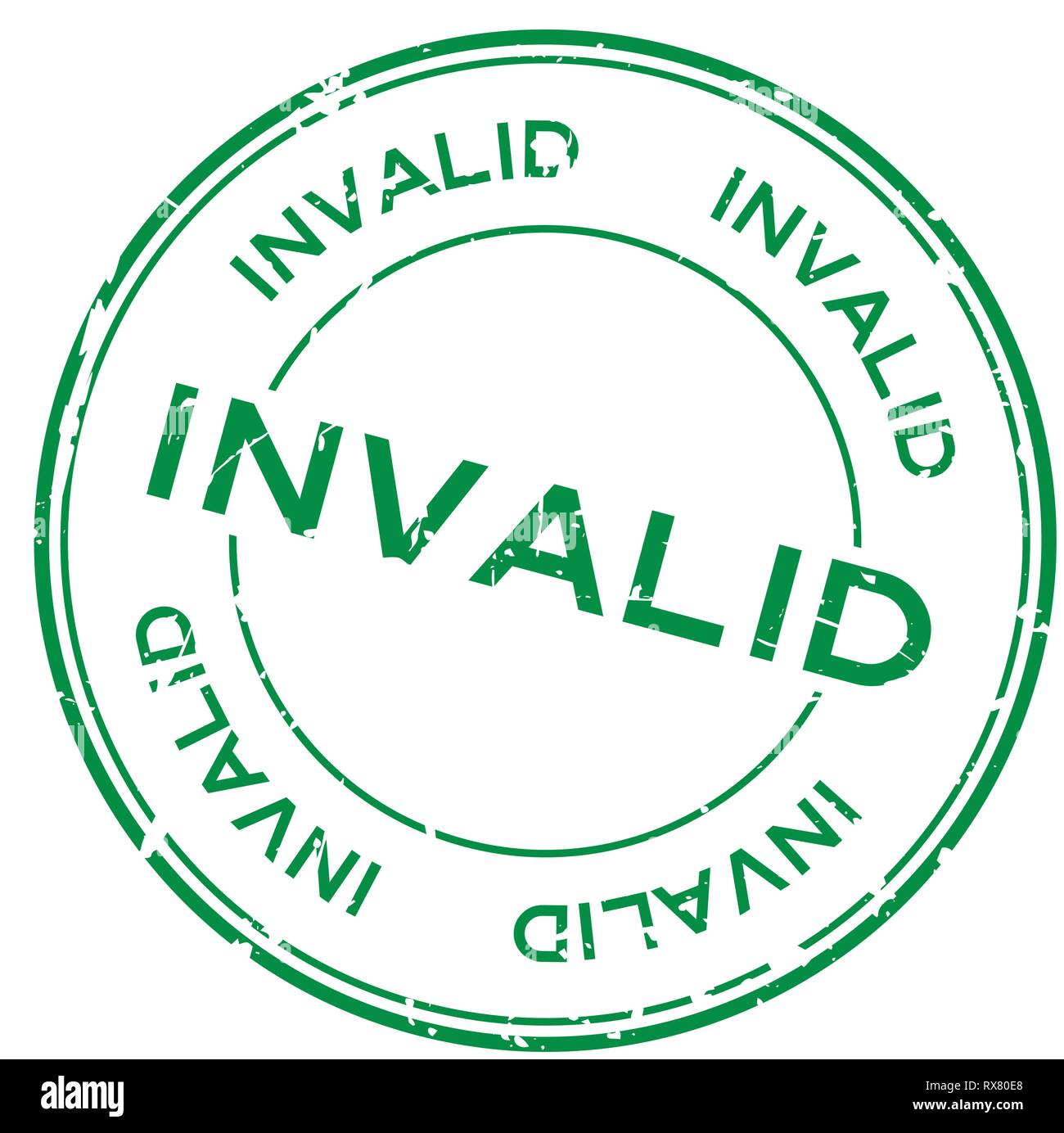 Grunge green invalid word round rubber seal stamp on white background ...
