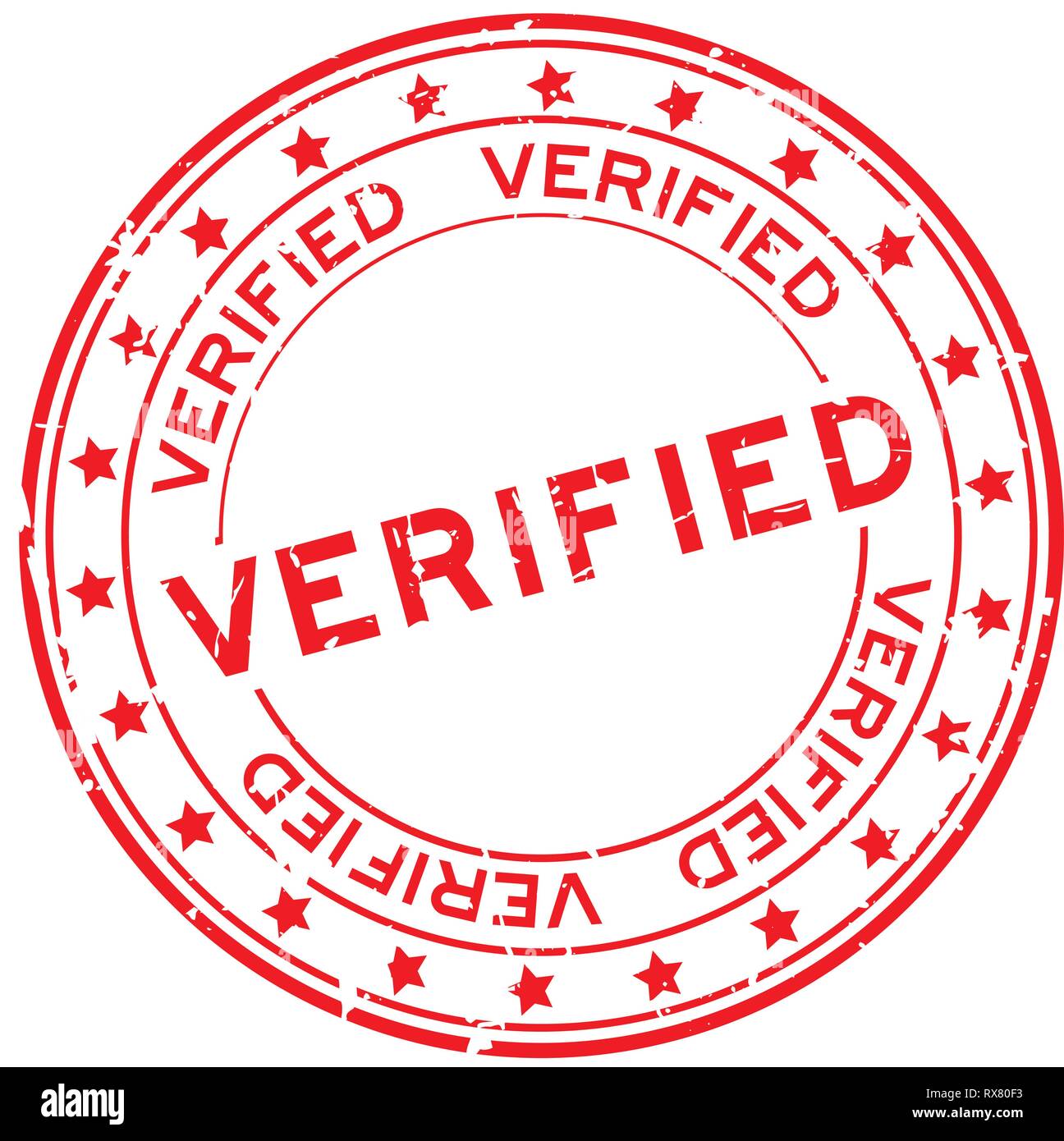 Grunge red verified word with star icon round rubber seal stamp on ...
