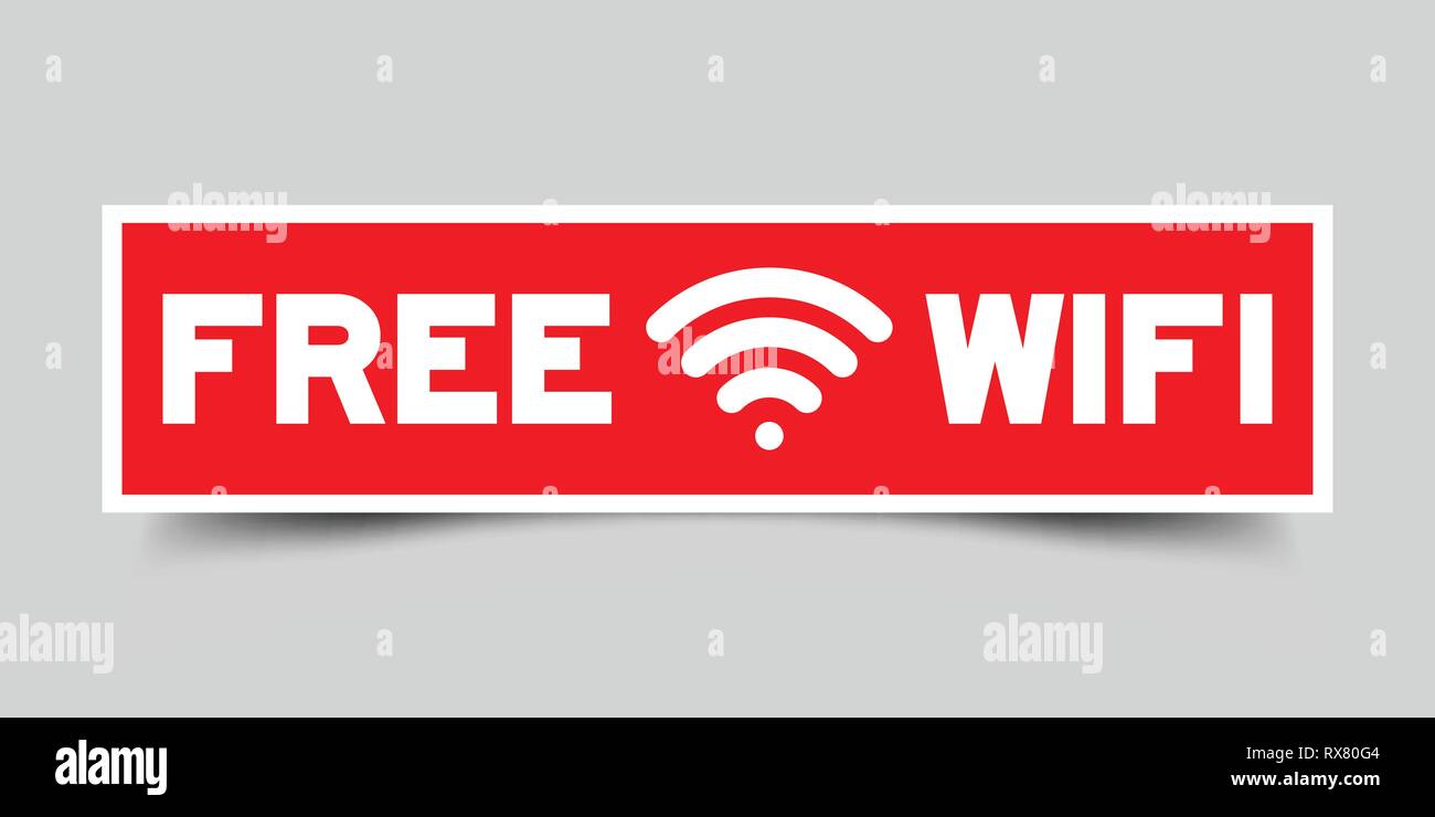 Red and white color free wifi with signal icon sticker on gray ...