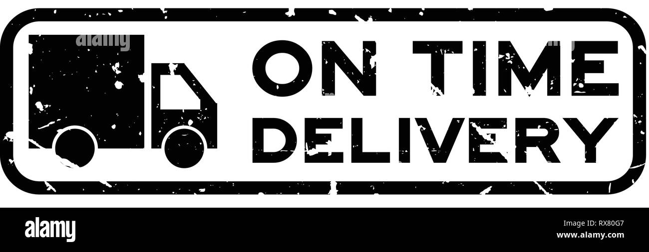 Grunge black on time delivery word with truck icon square rubber seal ...