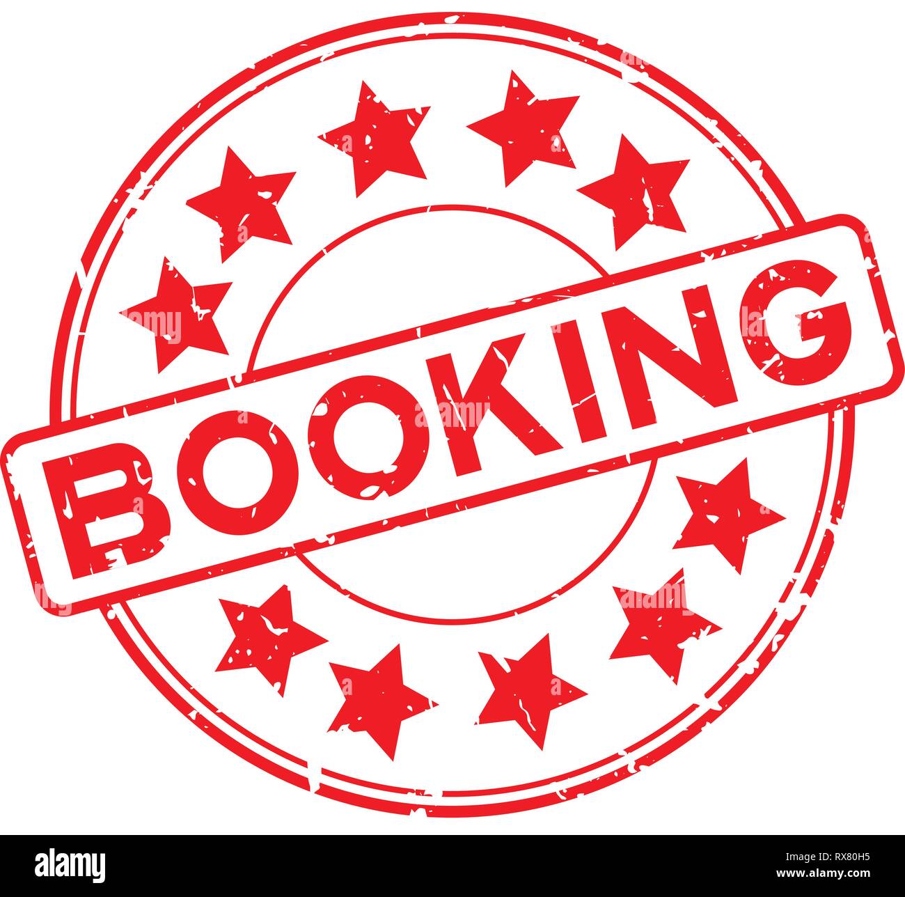 Grunge red booking word with star icon round rubber seal stamp on white ...
