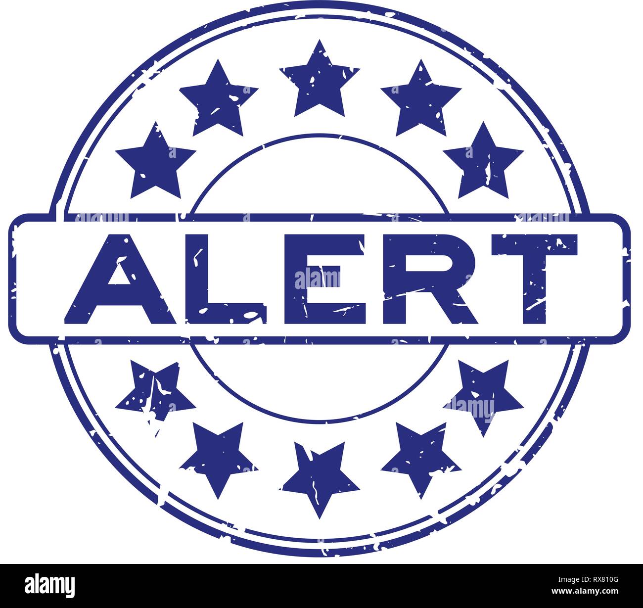 Grunge blue alert word with star icon round rubber seal stamp on white ...