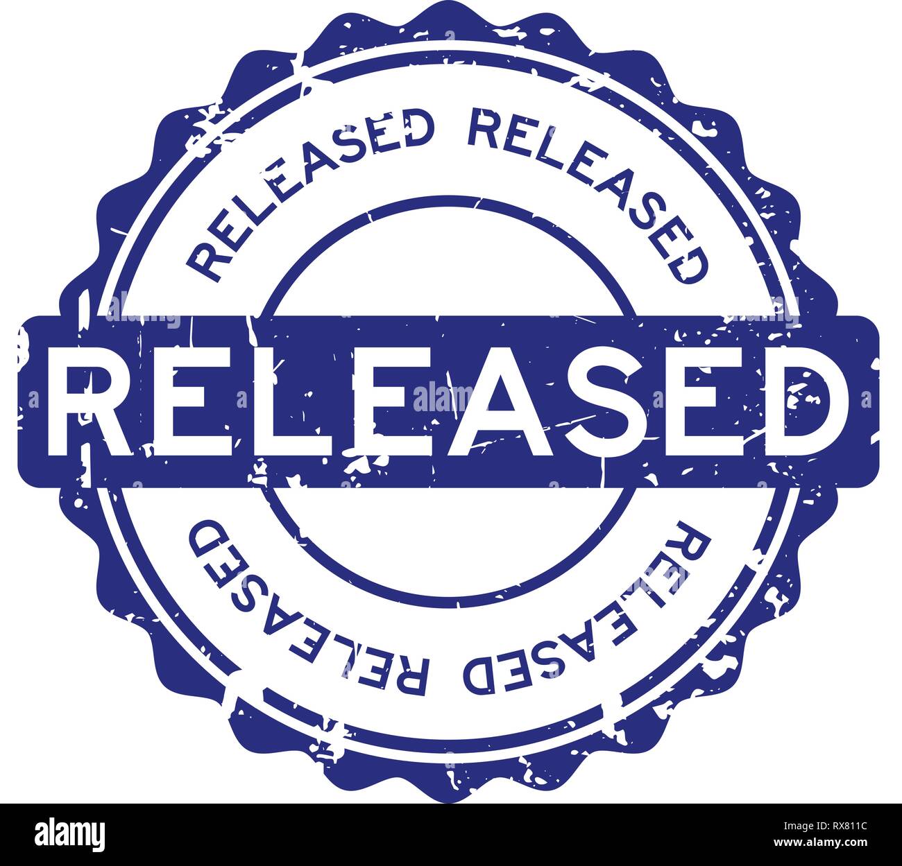 Grunge blue released round rubber seal stamp on white background Stock ...