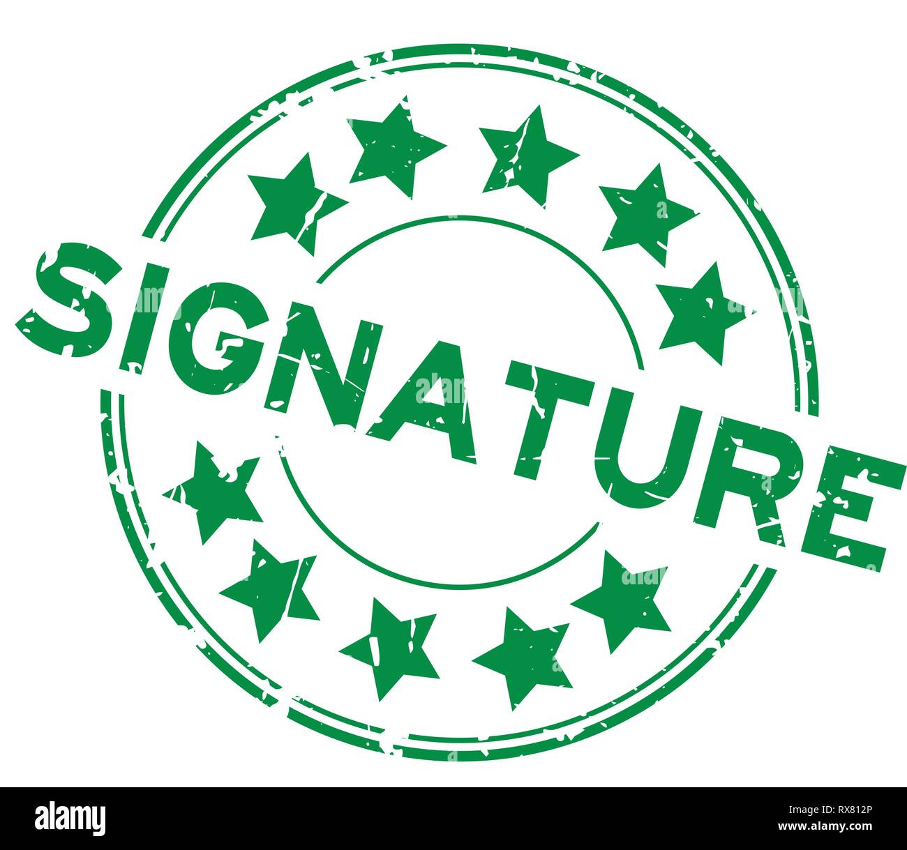 Grunge green signature word with star icon round rubber seal stamp on ...