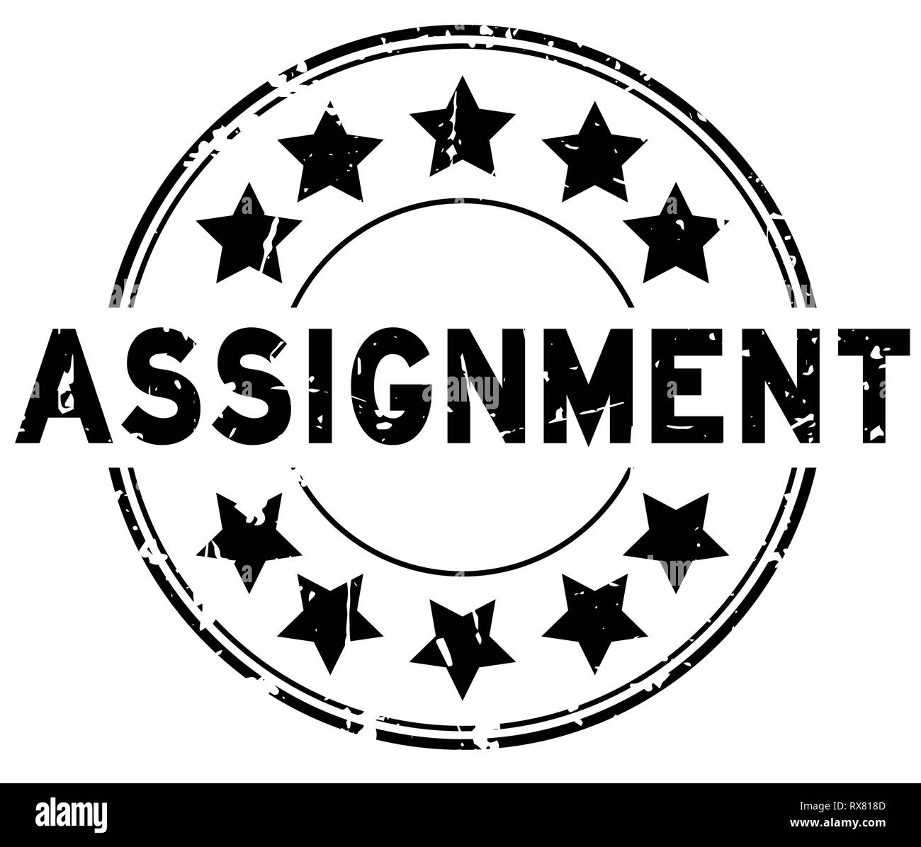 Grunge black assignment wording with star icon round rubber seal stamp ...