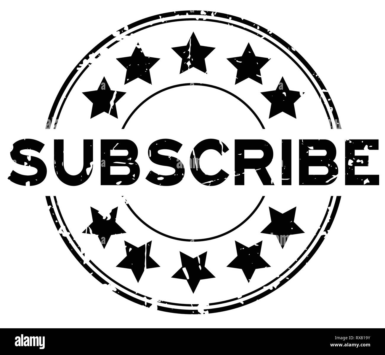 Grunge black subscribe with star icon round rubber seal stamp on white ...