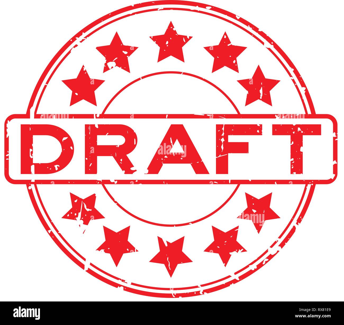 Grunge red draft with star icon round rubber seal stamp on white ...