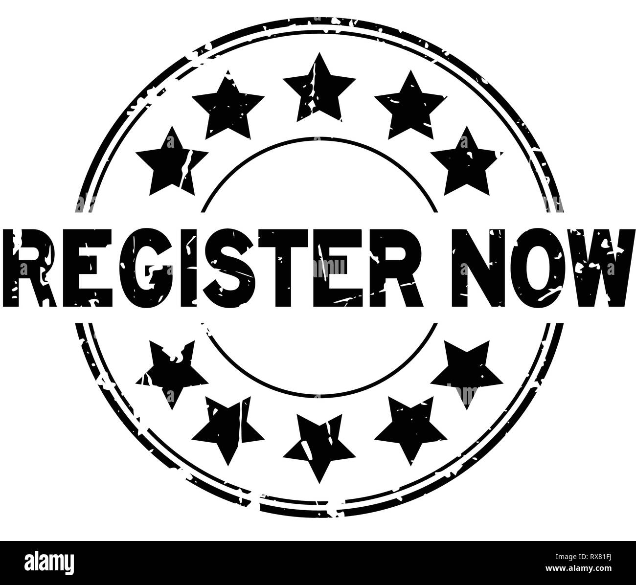 Grunge black register now with star icon round rubber seal stamp on ...
