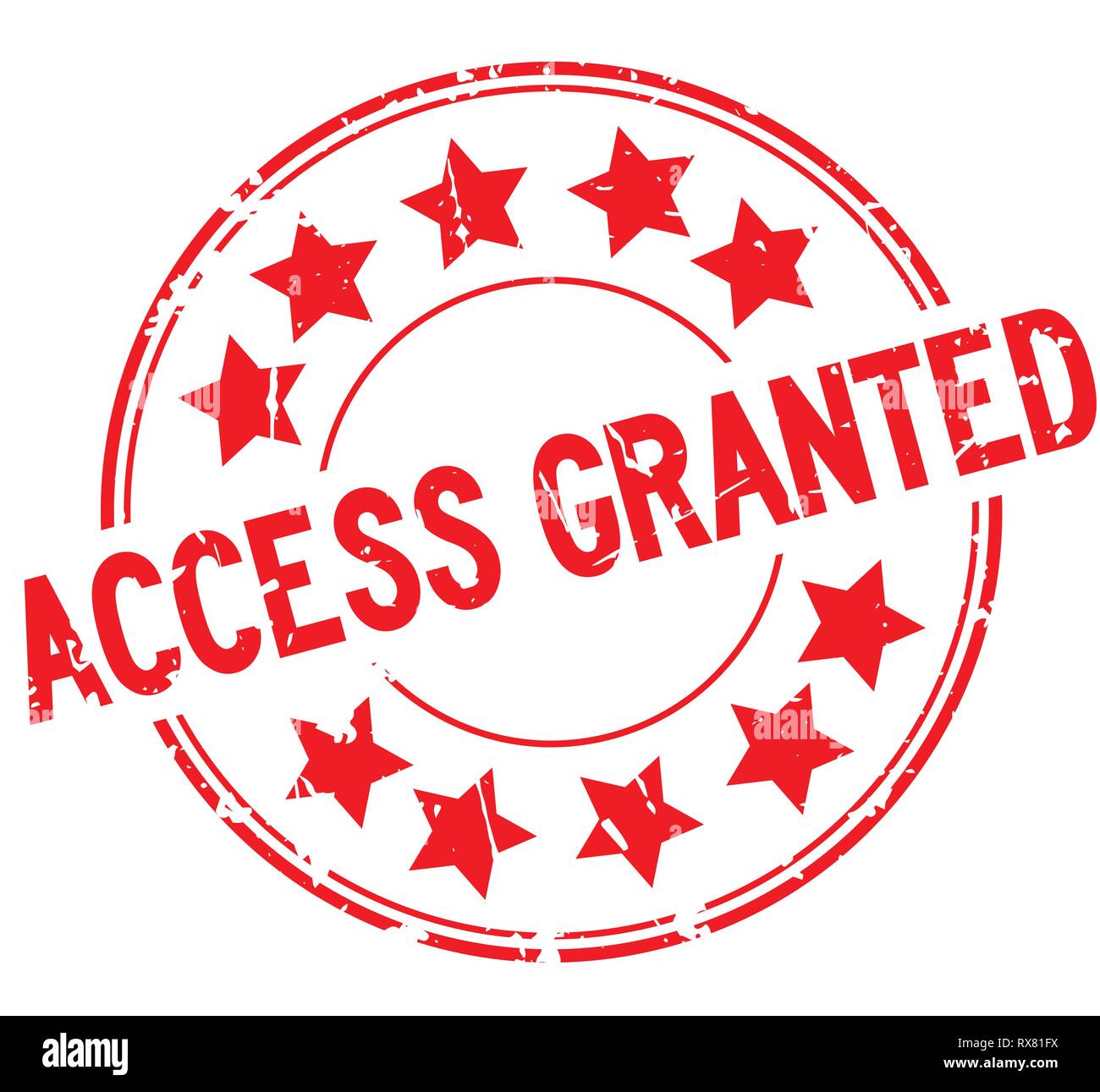 Grunge red access granted with star icon round rubber seal stamp on ...
