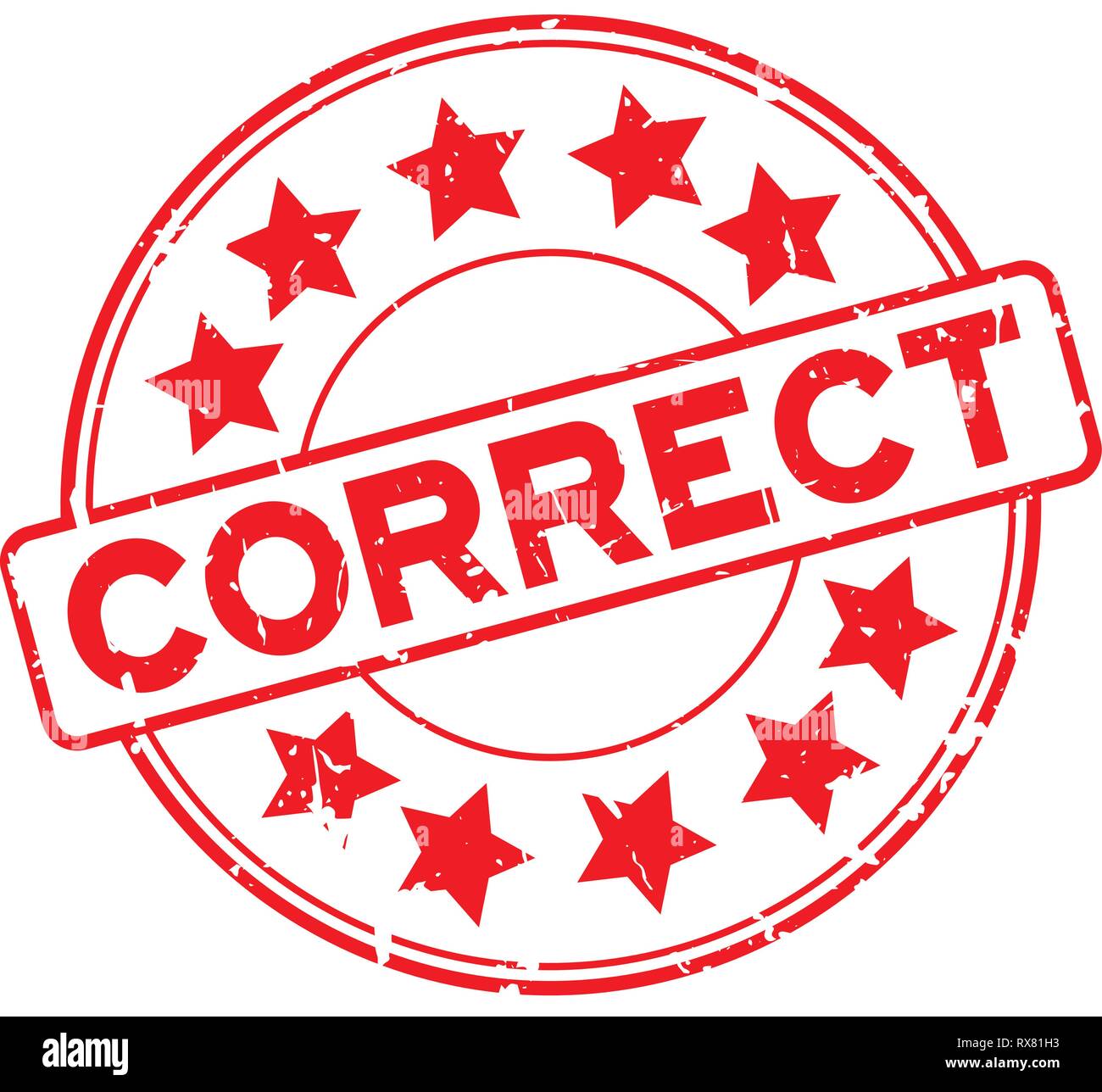 Grunge red correct with star icon round rubber seal stamp on white ...