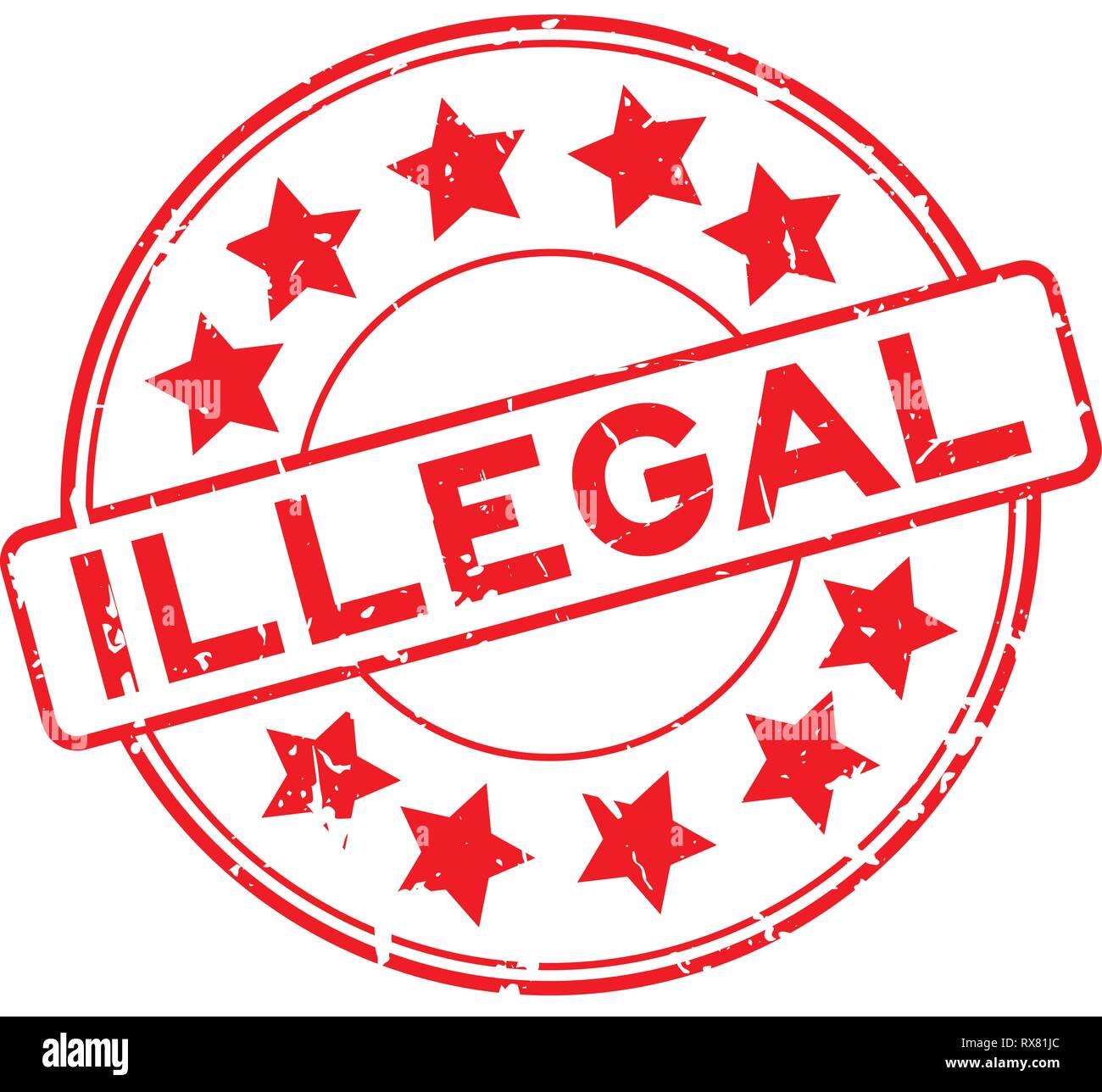 Grunge red illegal with star icon round rubber stamp on white ...