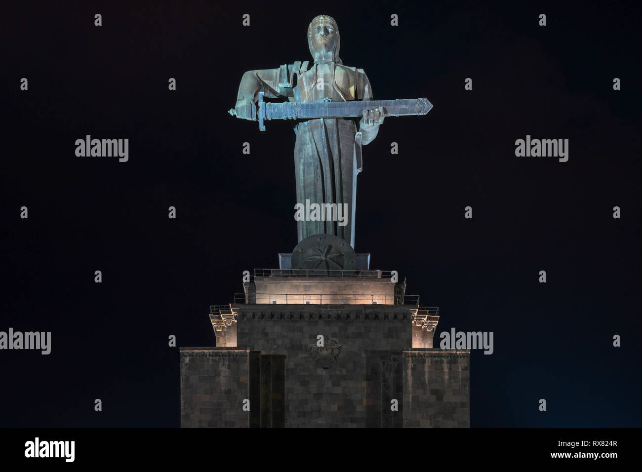 The Mother Armenia statue in Victory Park in Yerevan, Armenia at night ...