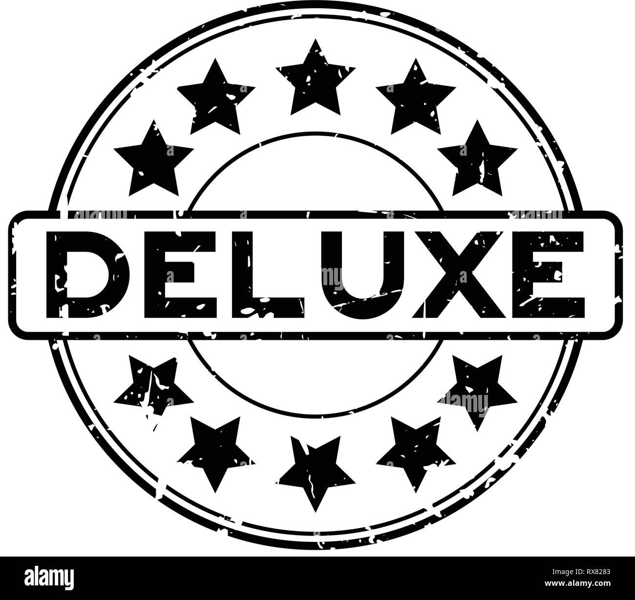 Grunge black deluxe word with star icon round rubber seal stamp on ...