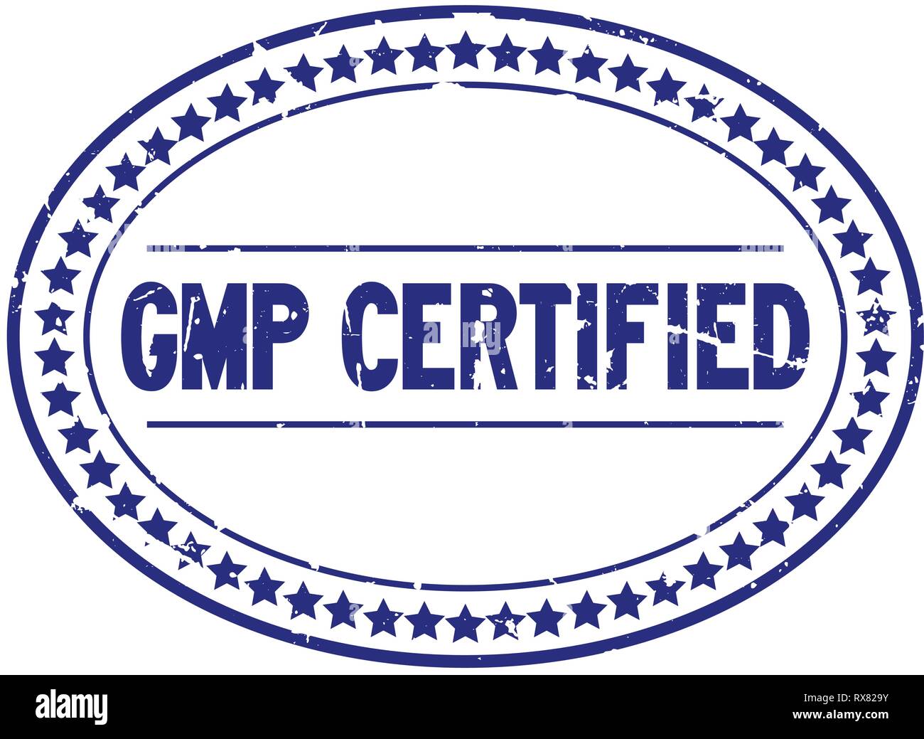 Grunge blue GMP certified oval rubber seal stamp on white background ...