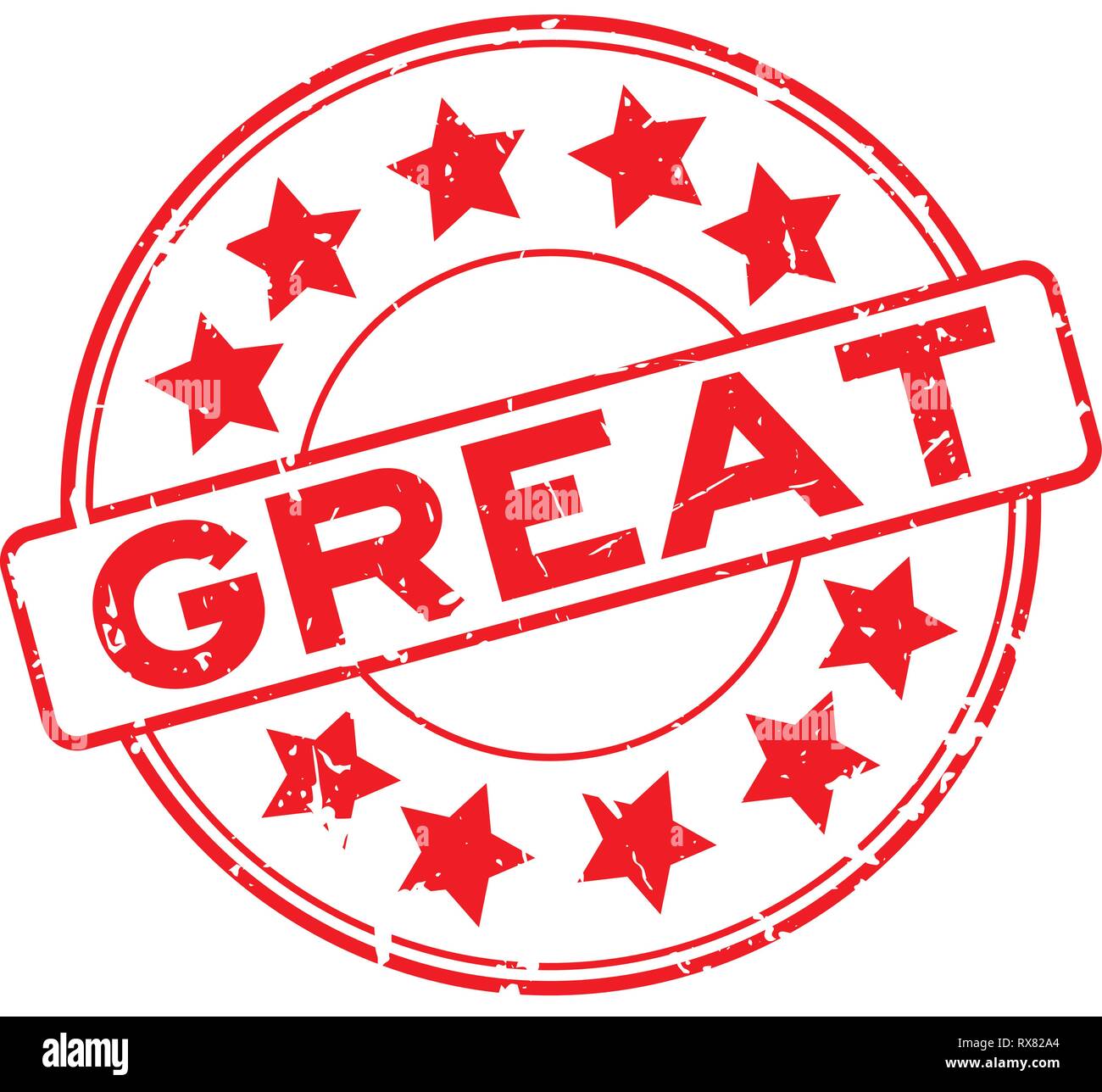 Grunge red great word with star icon round rubber seal stamp on white ...