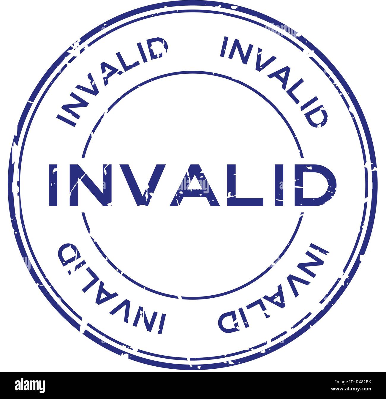 Grunge blue invalid word round rubber seal stamp on white background ...