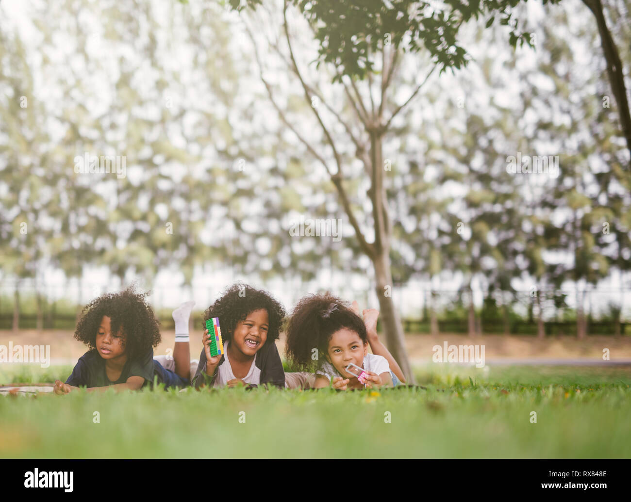 Happy three little friends laying on the grass in the park. american ...
