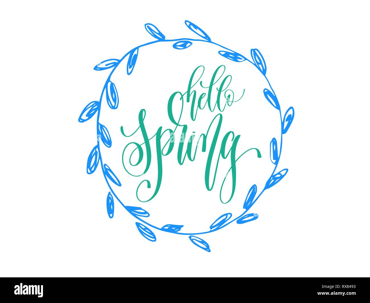 hello spring hand lettering inscription on a wreath twig with leaves ...