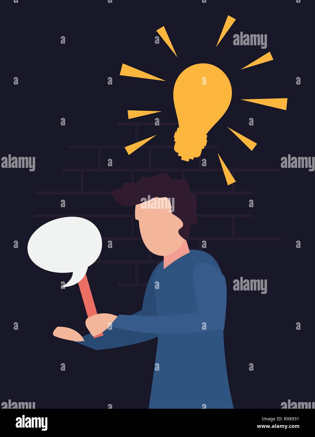 trivia night - man holding speech bubble bulb vector illustration Stock ...