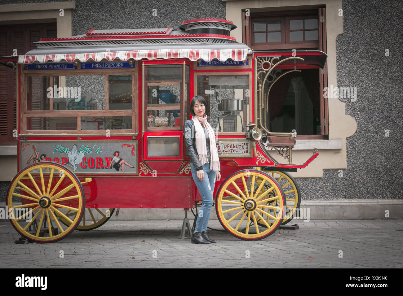 Model in front of corn seller car Stock Photo - Alamy