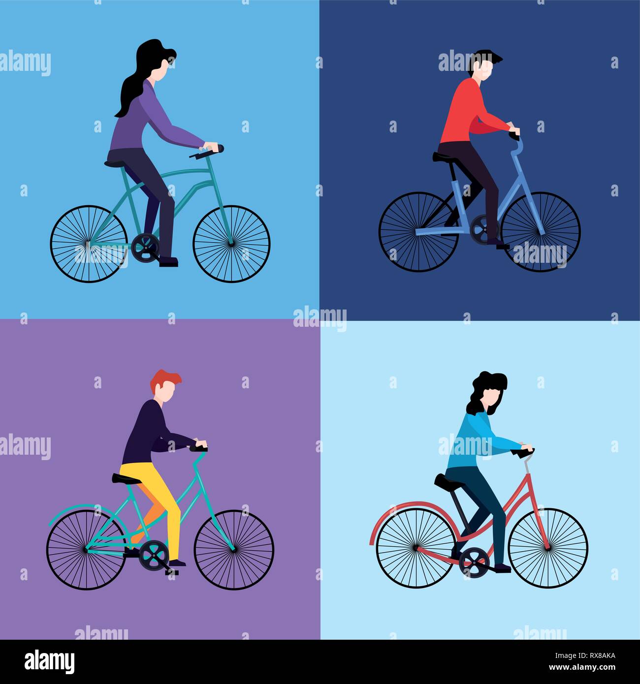 people riding bikes activities set vector illustration Stock Vector ...
