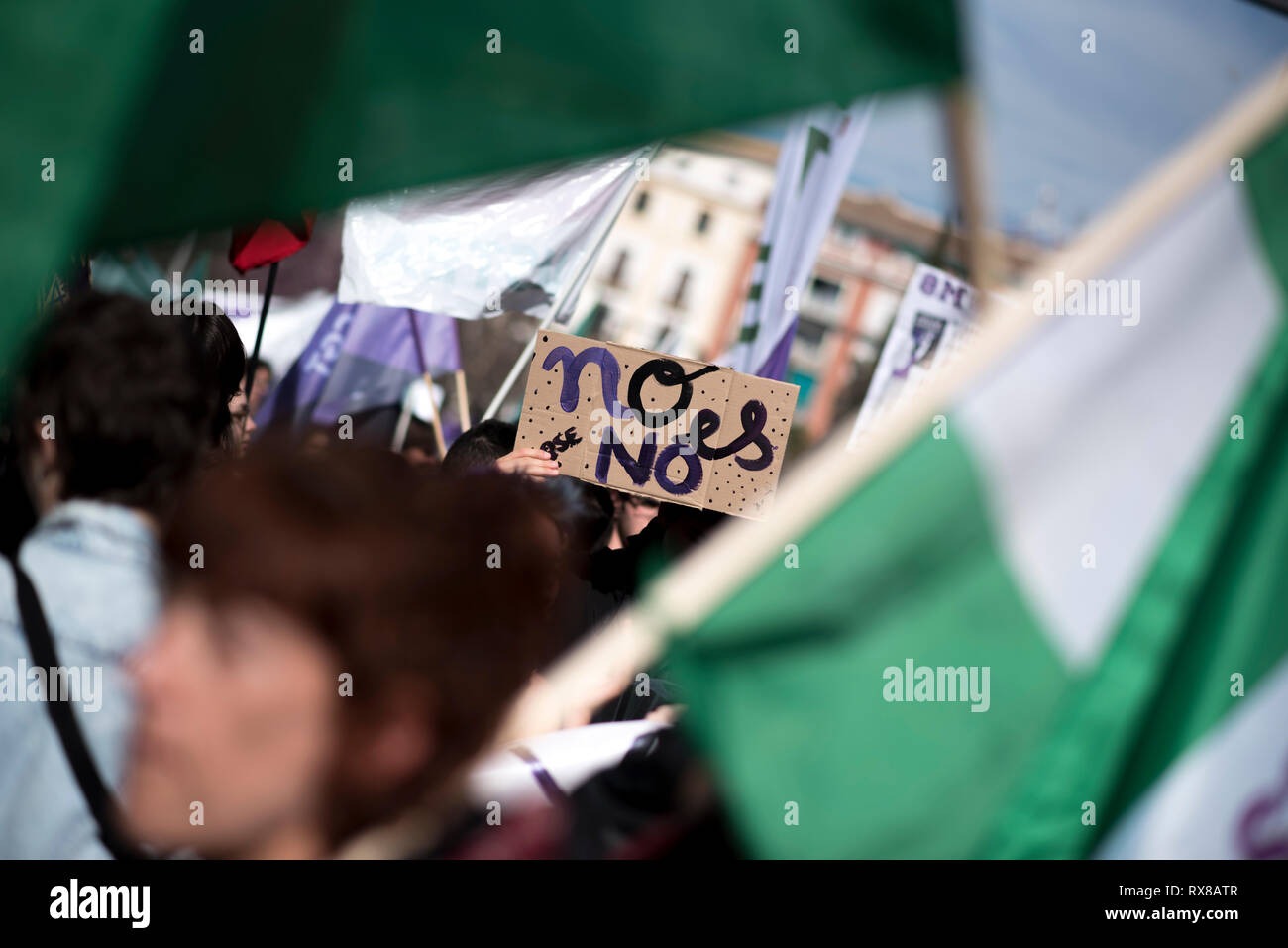 A placard saying, No means no, seen during the strike. Spanish people ...