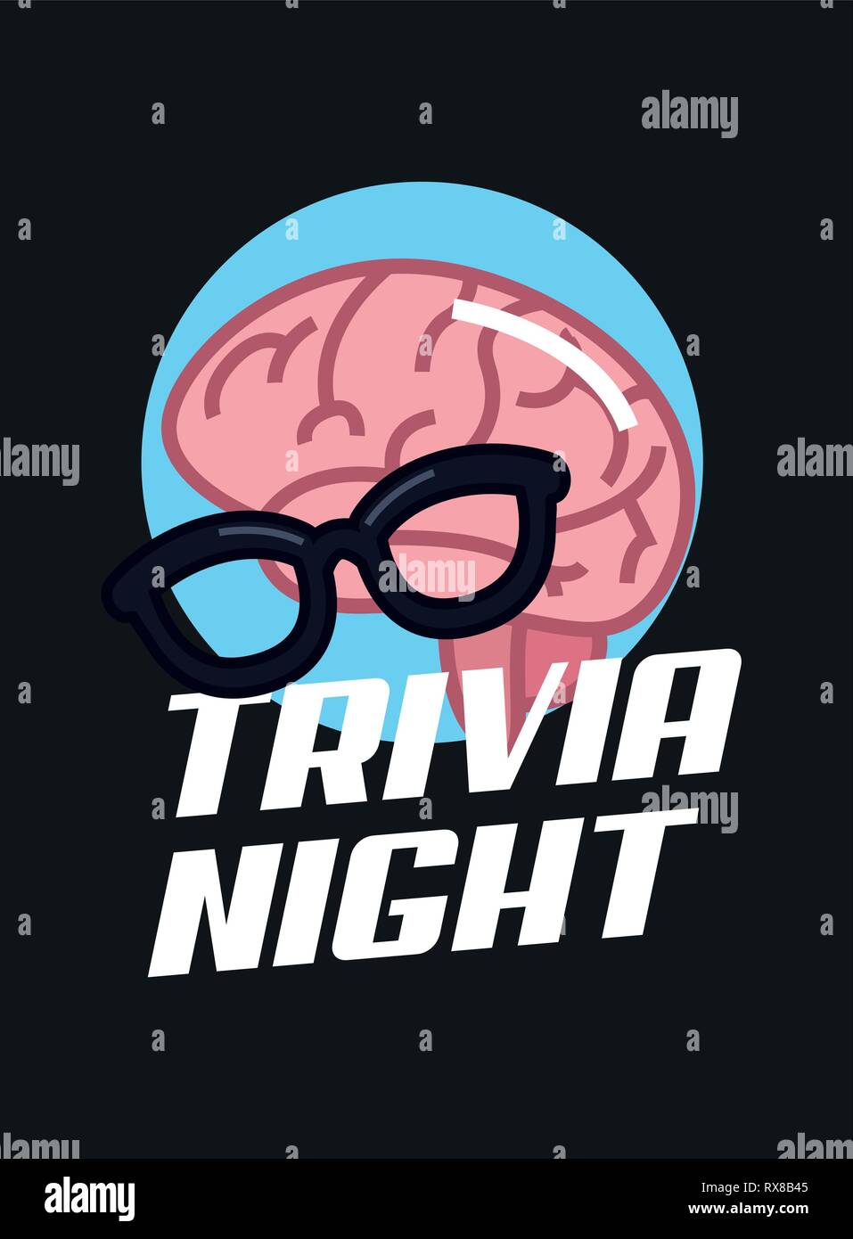 trivia night brain eyeglasses lettering vector illustration Stock ...