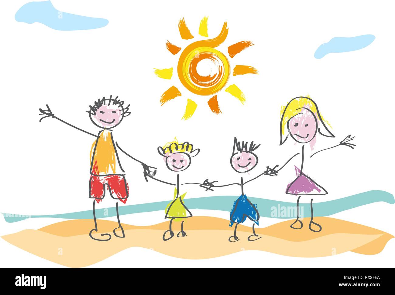 Happy family drawing on beach hi-res stock photography and images - Alamy
