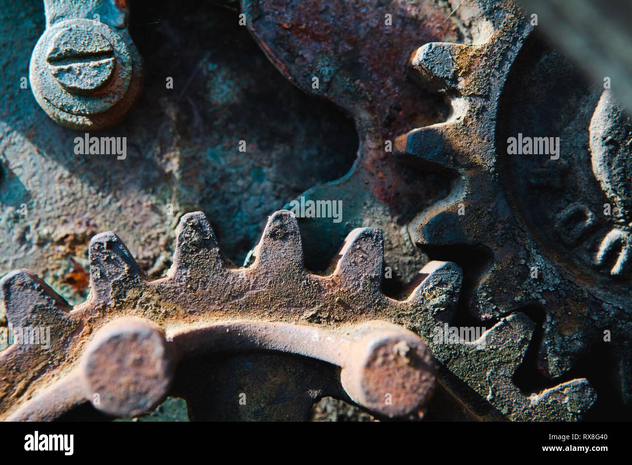 Vintage cog wheel rusted. Timeless machine mechanism. Close up shot ...