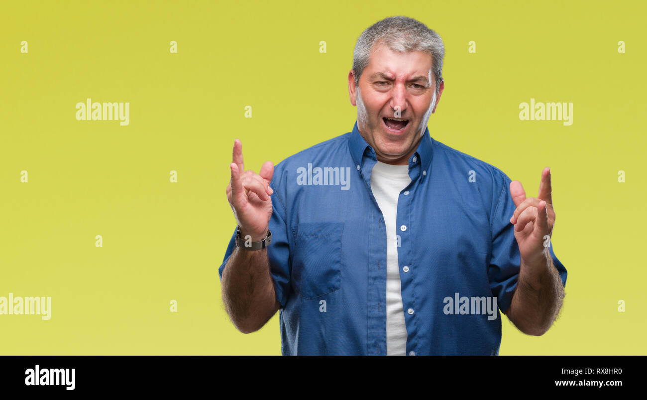 Handsome senior man over isolated background shouting with crazy ...