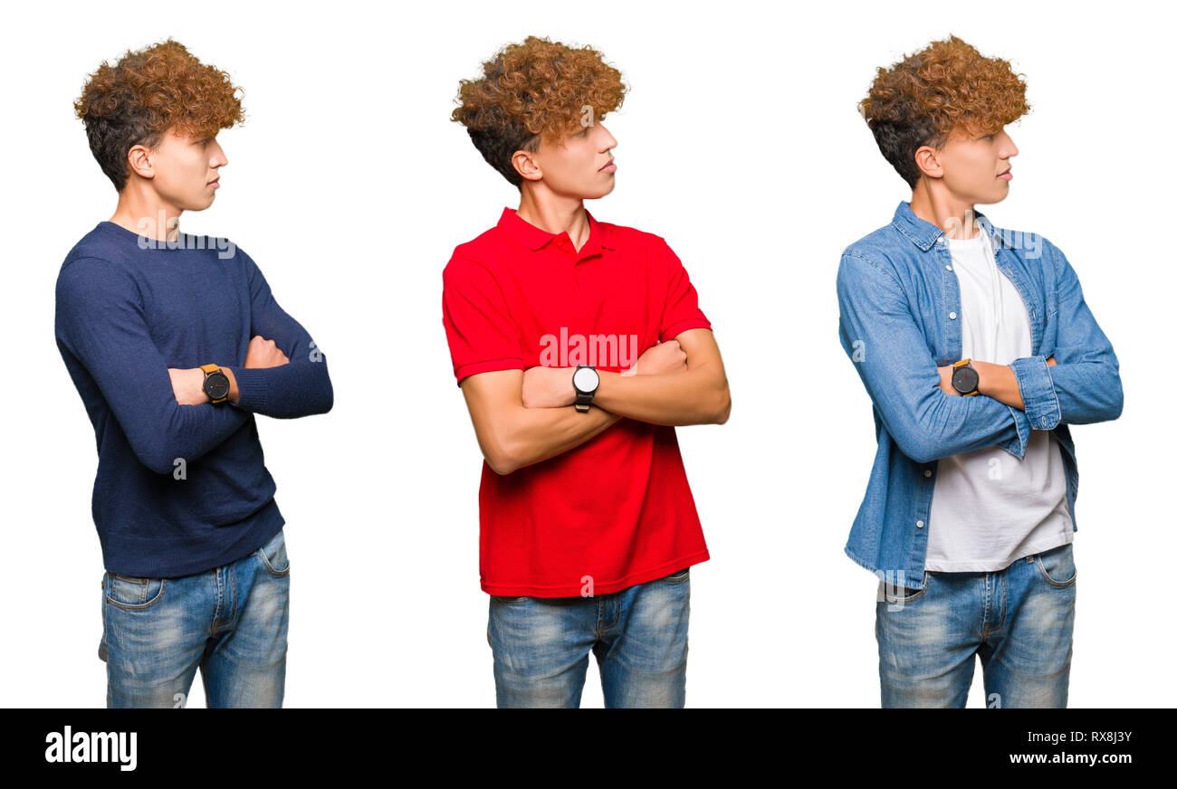 Collage of young man wearing different looks over isolated white ...