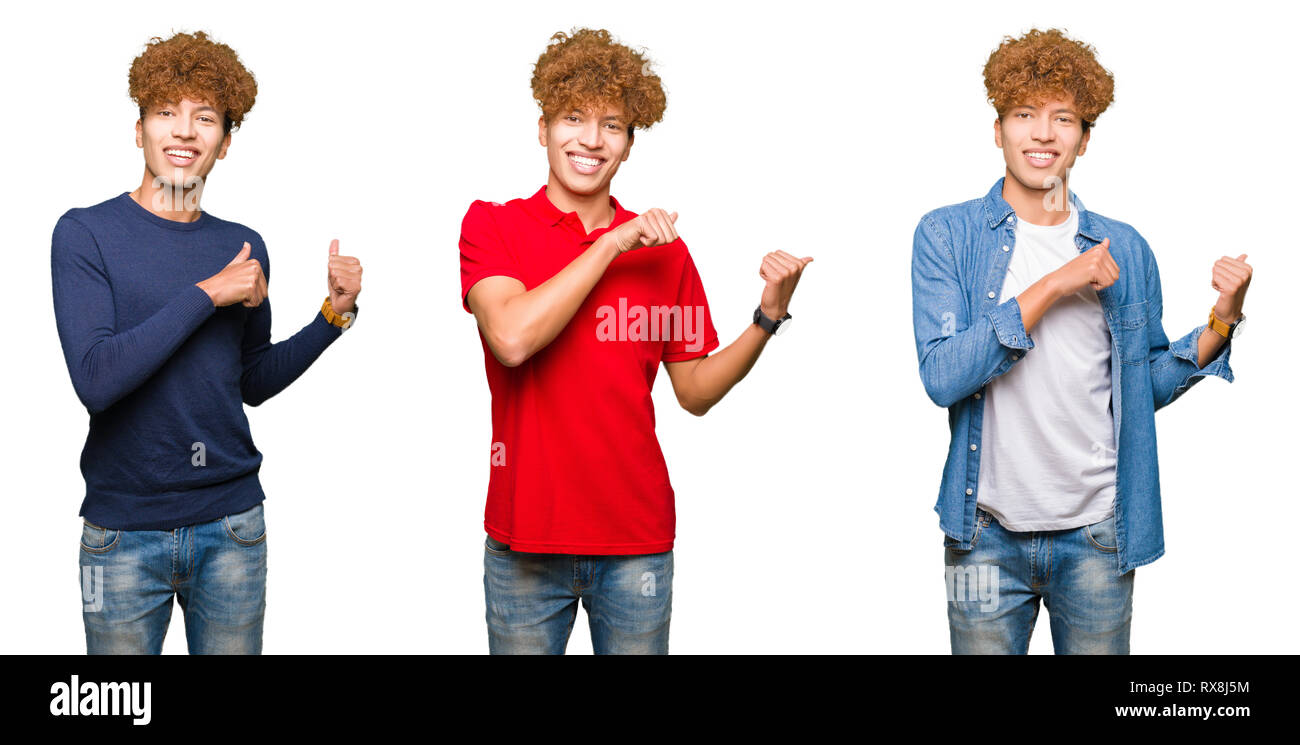 Collage of young man wearing different looks over isolated white ...