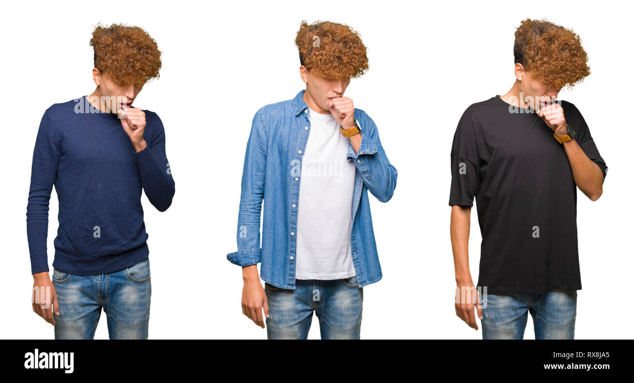 Collage of young men with curly hair over isolated white background ...