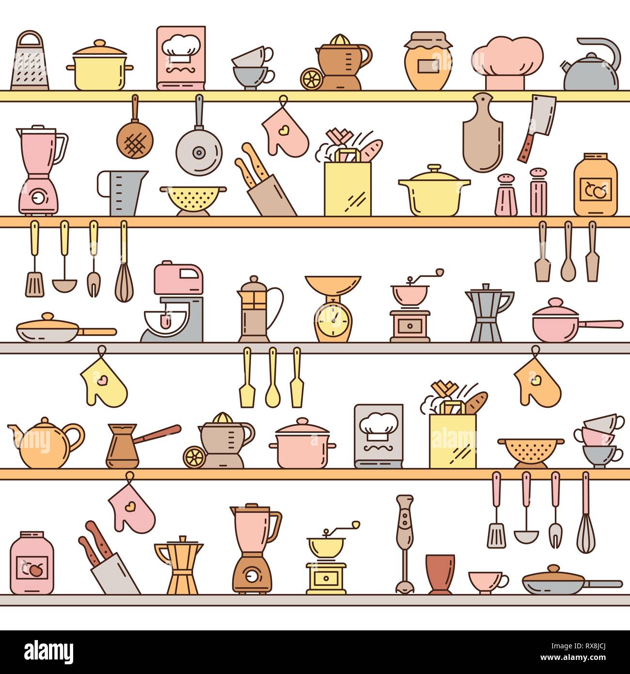 Seamless pattern with kitchen shelves full of various kitchen items and ...