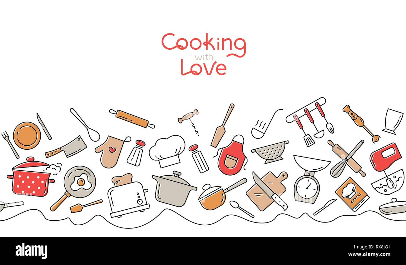 Cooking flat horizontal seamless pattern. Kitchen utensil and appliance ...
