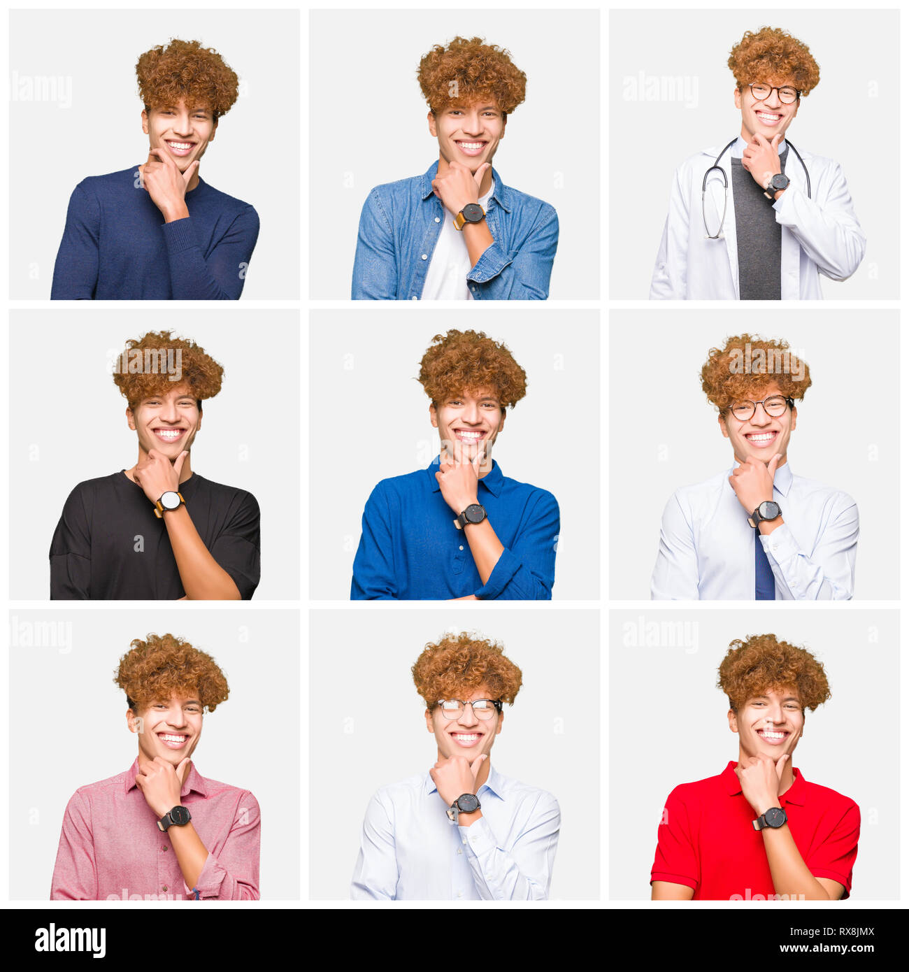 Collage of young man wearing different looks over isolated white ...