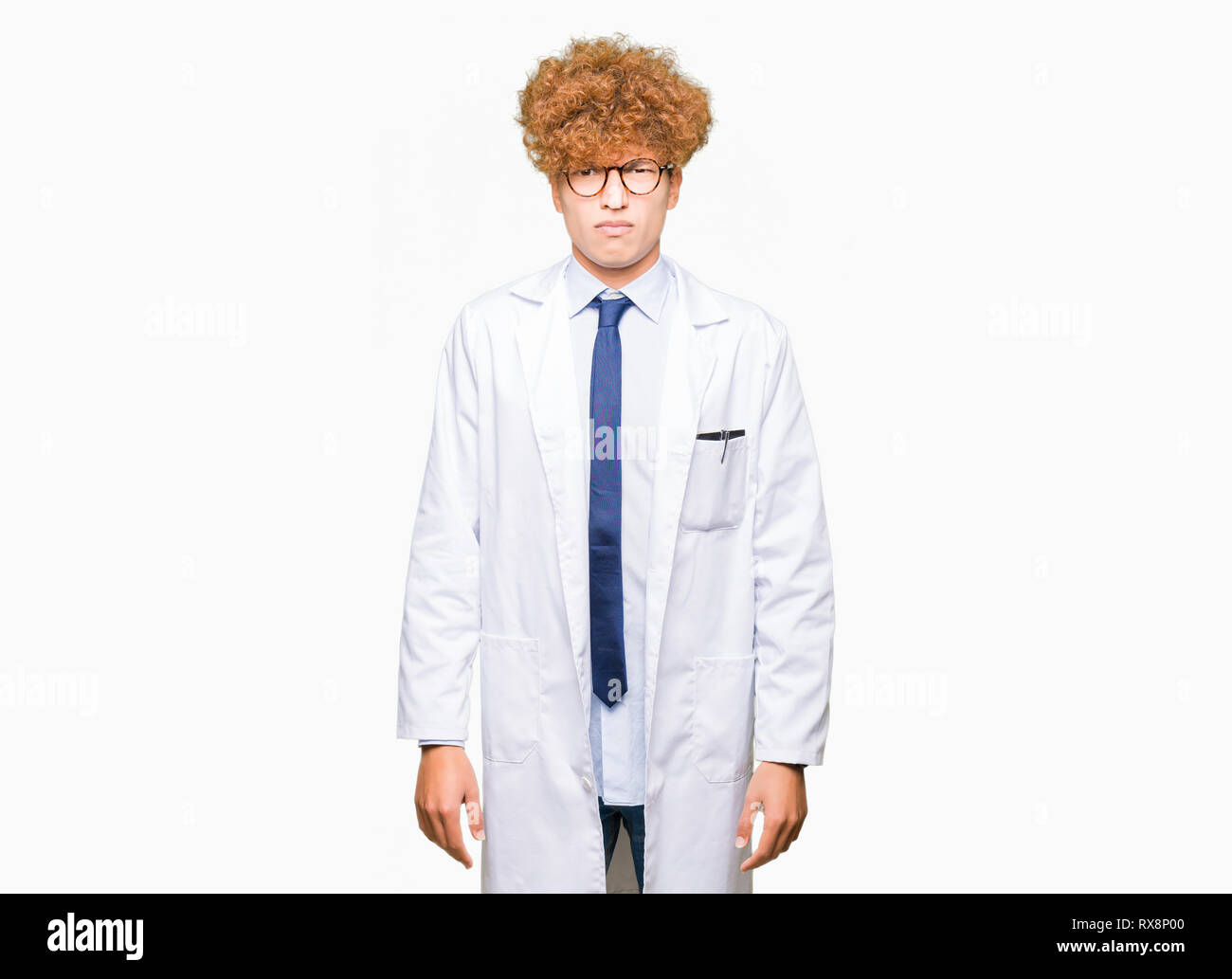 Young handsome scientist man wearing glasses skeptic and nervous ...