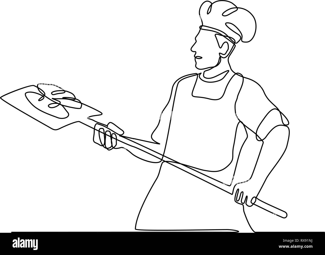 Continuous line illustration of a baker holding an oven peel viewed ...