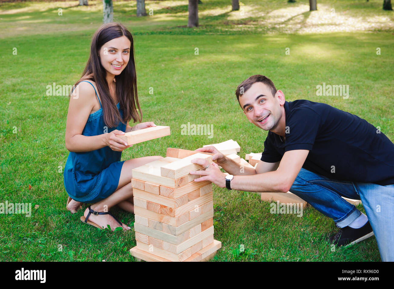 Giant Outdoor Block Game. The tower from wooden blocks Stock Photo - Alamy