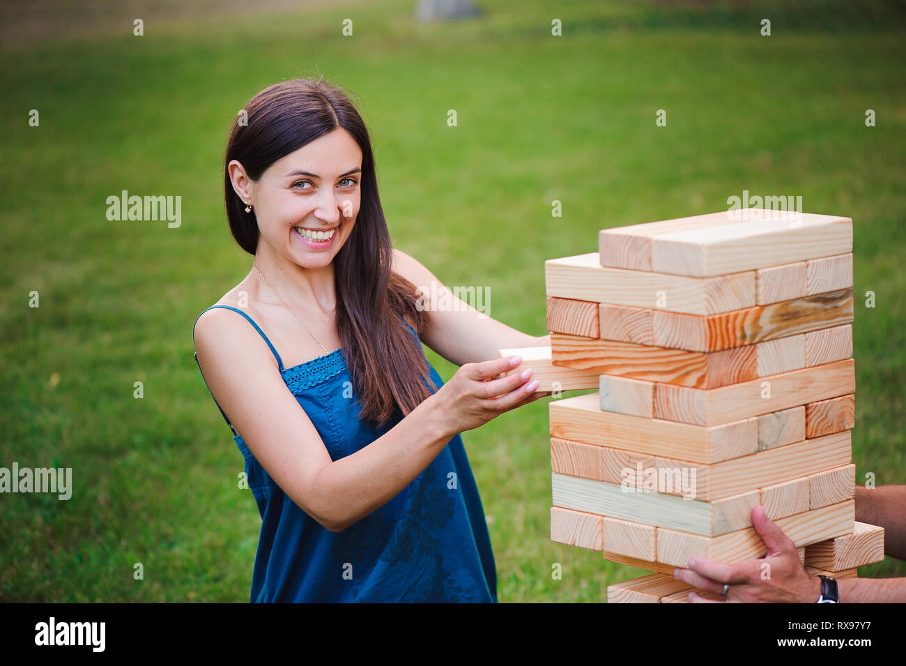 Giant Outdoor Block Game. The tower from wooden blocks Stock Photo - Alamy