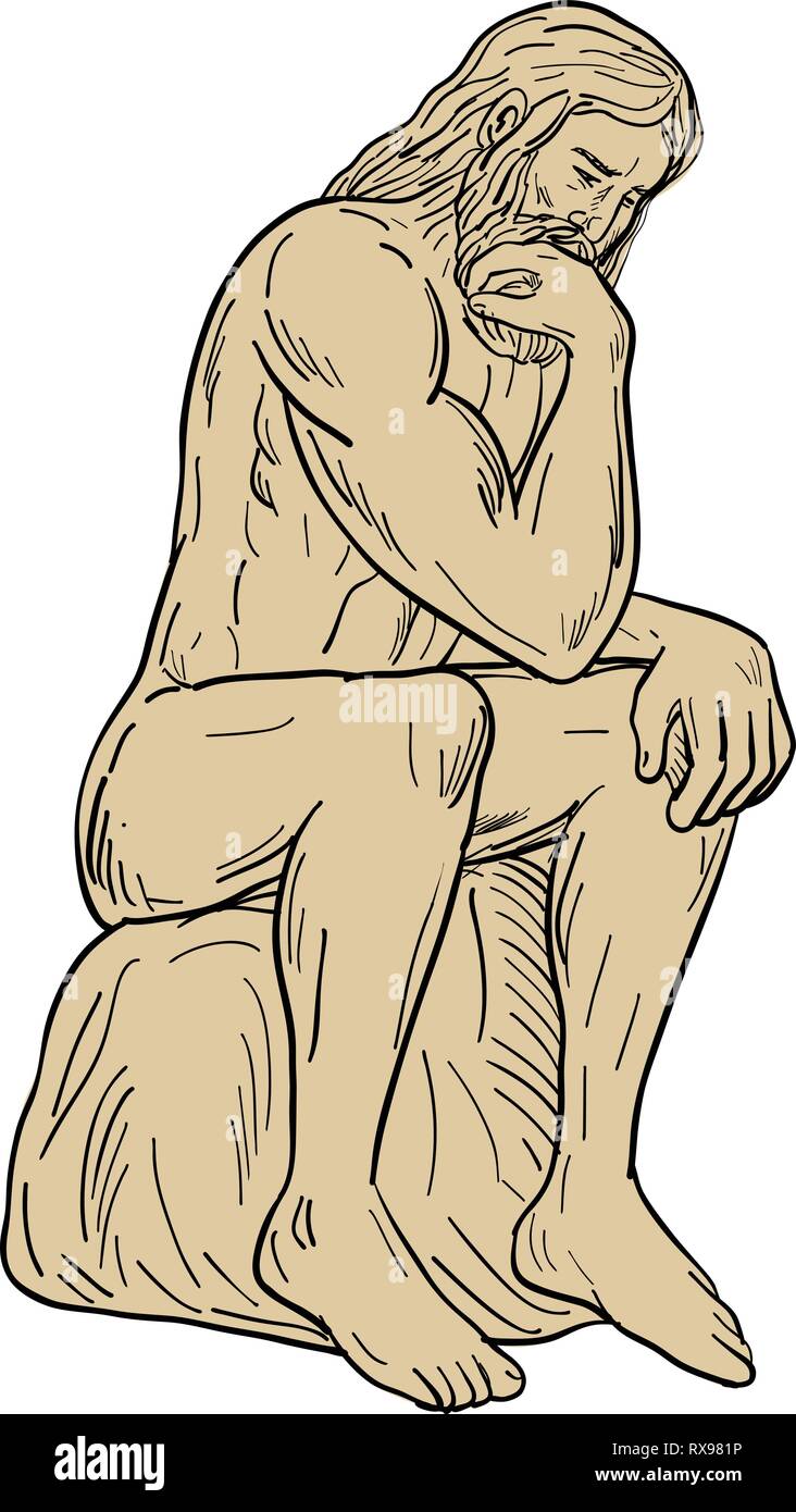 Drawing sketch style illustration of a man or thinker with full beard ...