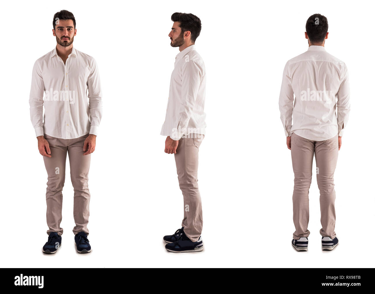 Three views of handsome bearded young man: back, front and profile shot ...